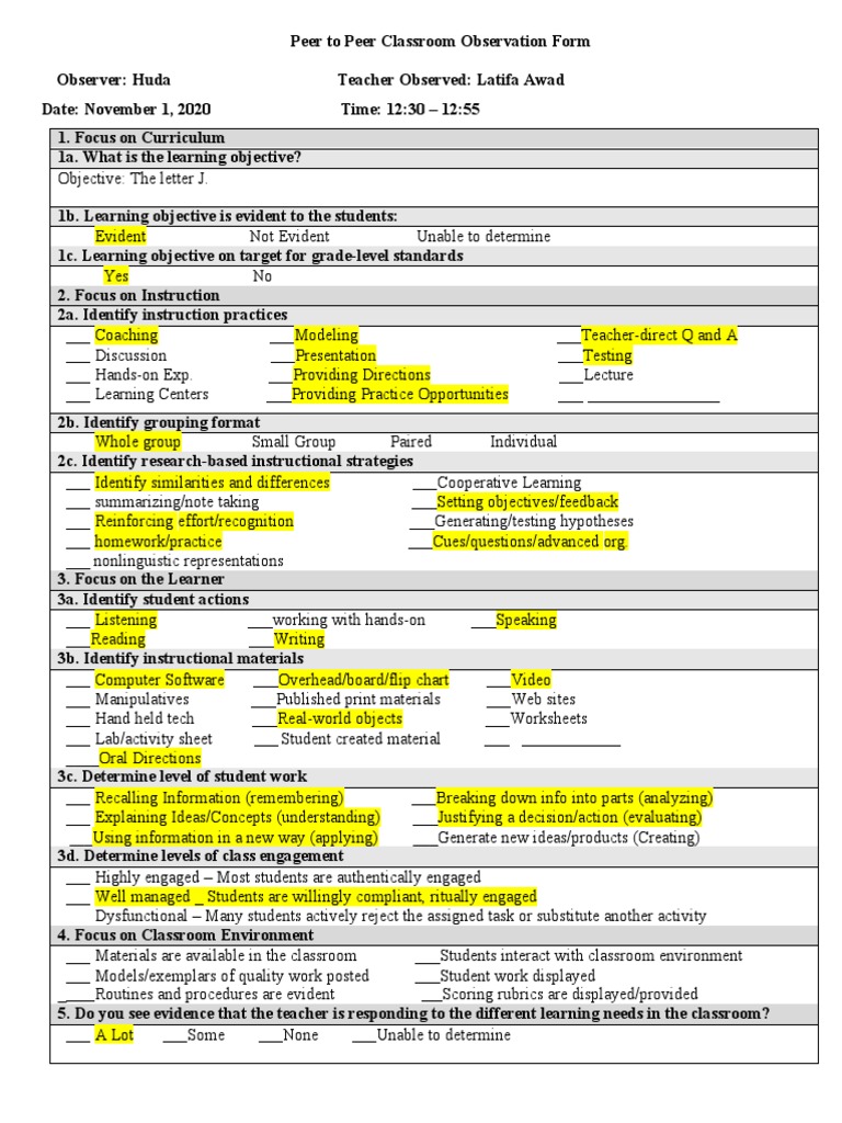 Peer To Peer Classroom Observation Form | PDF | Classroom | Classroom ...