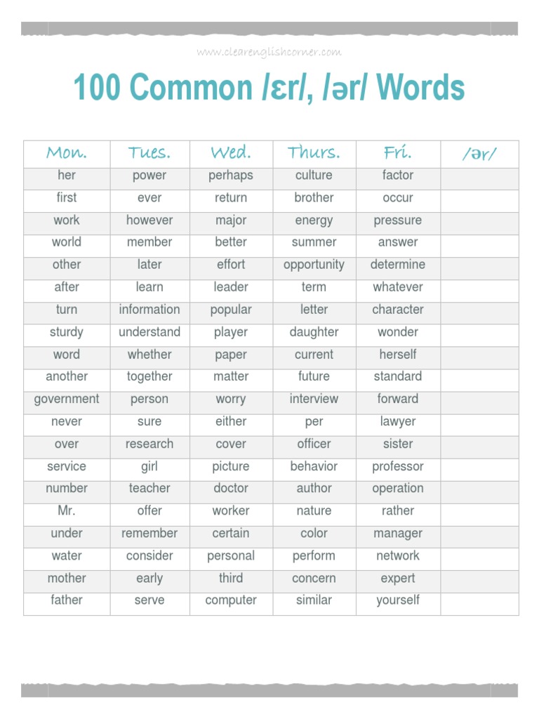 100 Common /ɛr/, /әr/ Words: Mon. Tues. Wed. Thurs. Fri. /әr/ | PDF