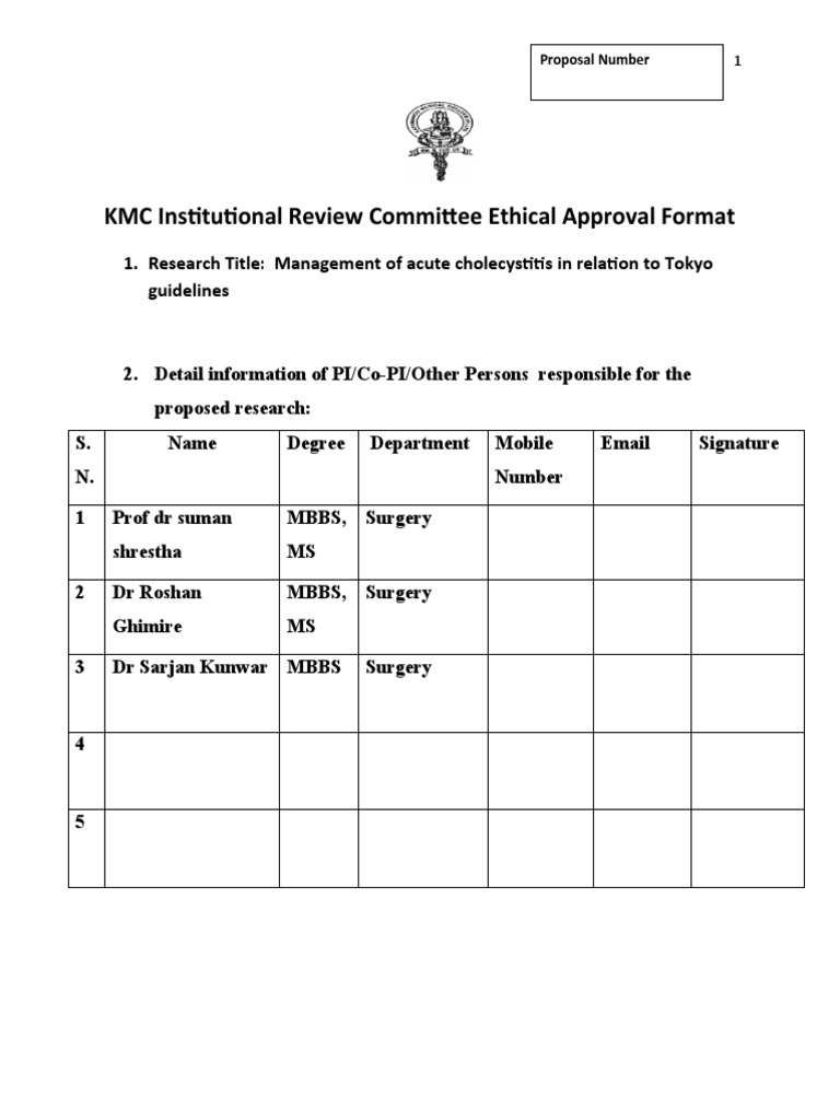 KMC Institutional Review Committee Ethical Approval Format: Proposal Number | PDF | Inquiry ...