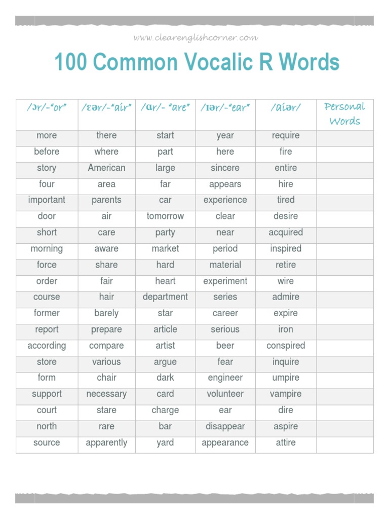 Common Vocalic R Words List | PDF