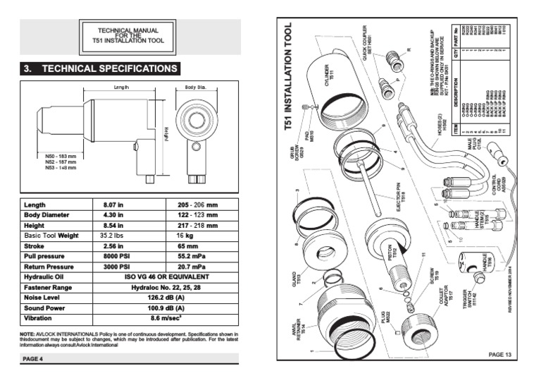 Installation Tool Technical Manual: Specifications and Parts List for ...