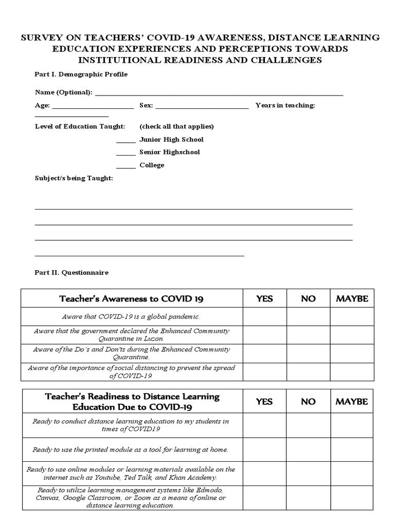 Survey On Teachers' Covid-19 Awareness, Distance Learning Education ...