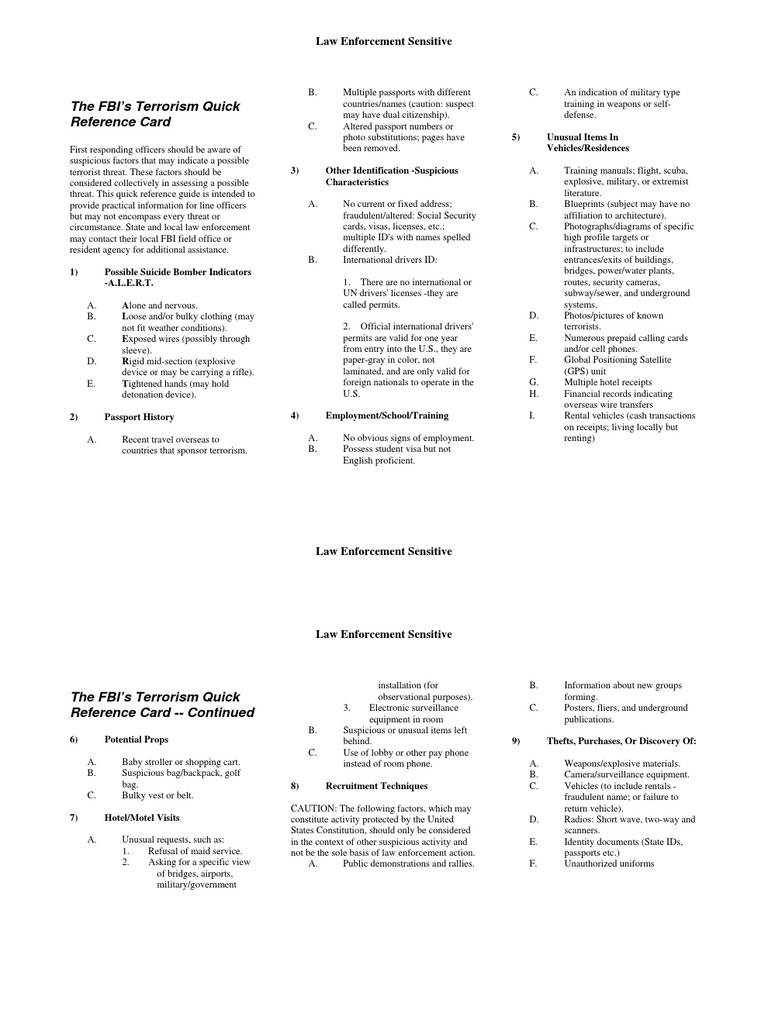 The FBI's Terrorism Quick Reference Card: Law Enforcement Sensitive | PDF