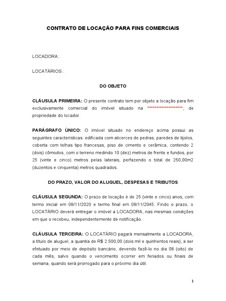 Contrato De Locação Para Fins Comerciais Pdf Aluguel Condomínio