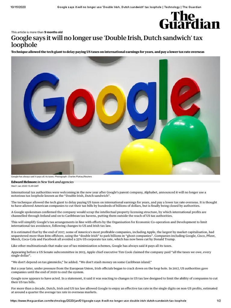 GOOGLE 'Double Irish, Dutch Sandwich' Tax Loophole Guardian | PDF ...