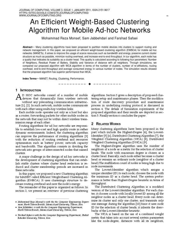 An Efficient Weight Based Clustering Algorithm For Mobile Ad Hoc Networks Pdf Wireless Ad