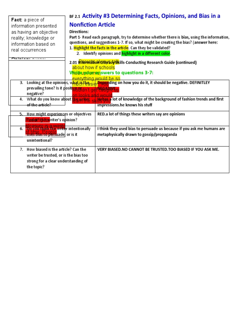 Determining Facts, Opinions, and Bias in an Article About School ...
