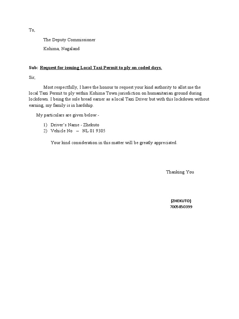 Sub: Request For Issuing Local Taxi Permit To Ply On Coded Days | PDF