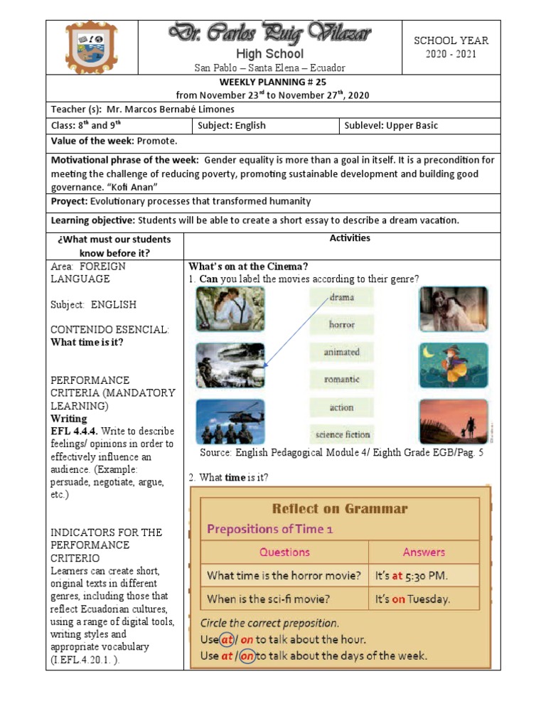 8th and 9th English Weekly Plan - 25th Week | PDF | English Language ...