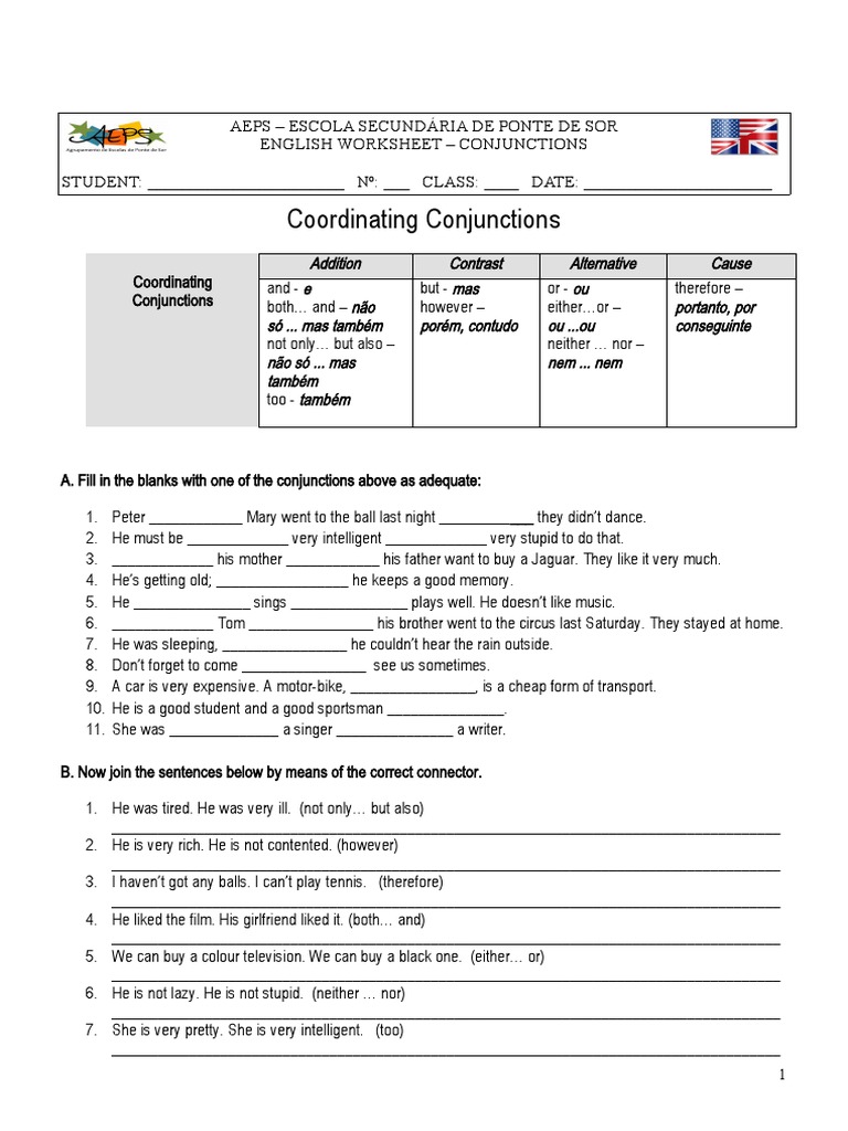 Conjunctions Worksheet | PDF | Syntax | Language Mechanics