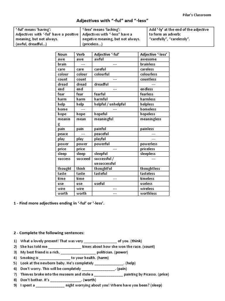 Adjectives FUL - LESS | PDF | Adjective | Grammar