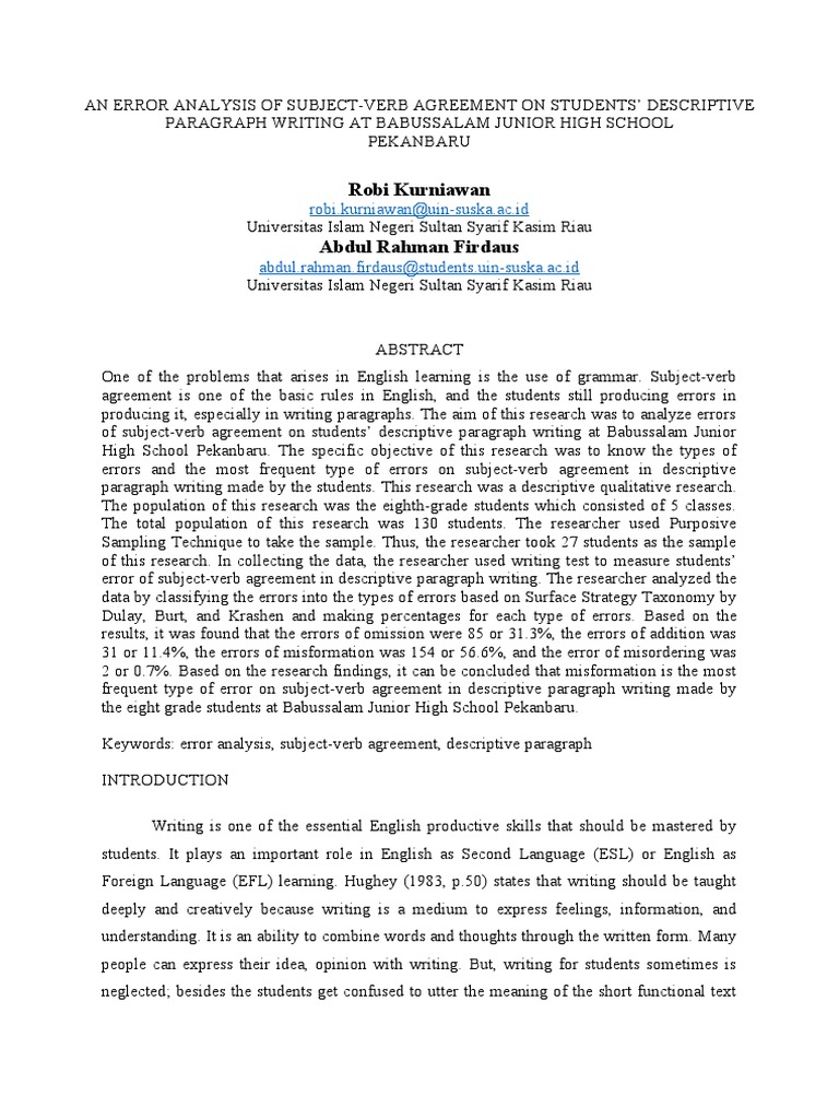 Subject-Verb Agreement Errors in Writing | PDF | Second Language ...