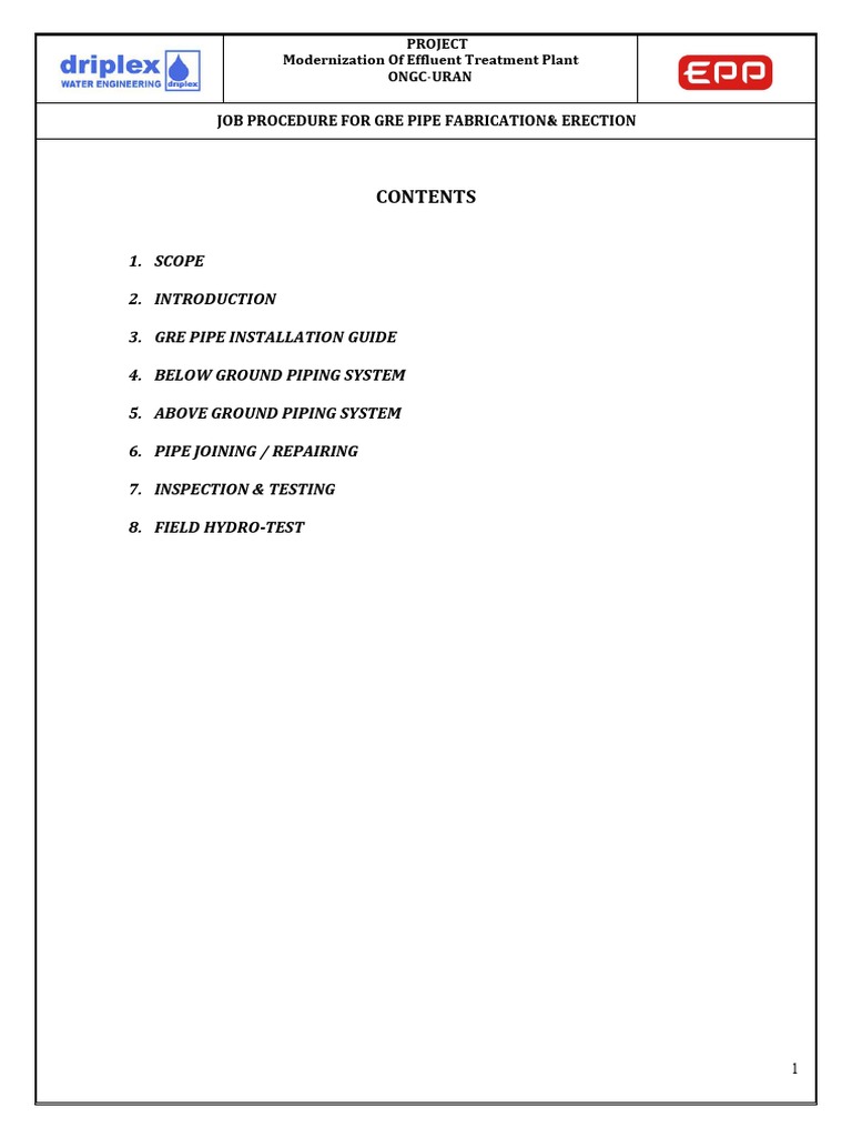 Installation Procedure For Gre Pipe | PDF | Pipe (Fluid Conveyance ...