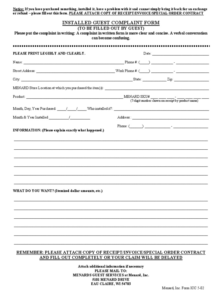 Installed Guest Complaint Form: (To Be Filled Out by Guest) | PDF ...