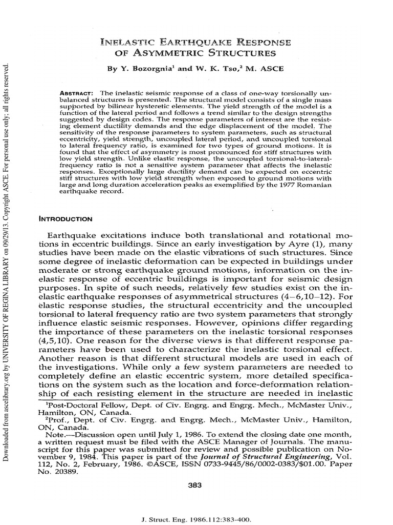 By Y. Bozorgnia and W. K. Tso, M. Asce: J. Struct. Eng. 1986.112:383-400 | PDF | Elasticity ...