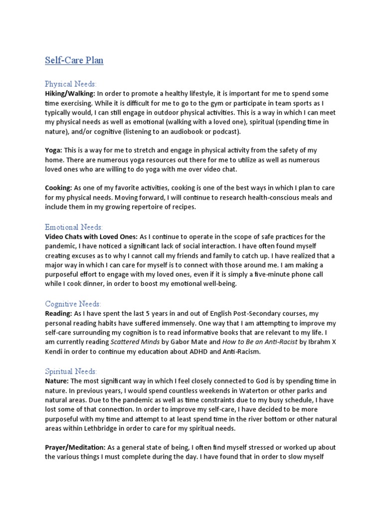 Self-Care Plan: Physical Needs | PDF | Psychology | Psychological Concepts
