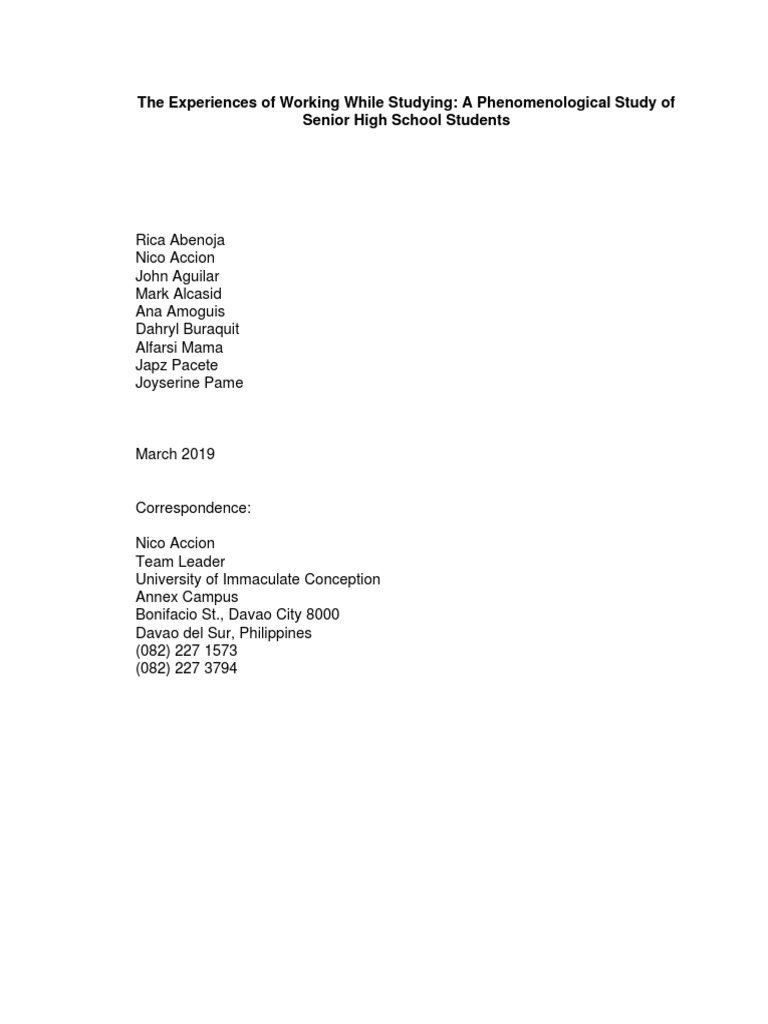 The Lived Experiences of UIC SHS Working Students A Phenomenological ...