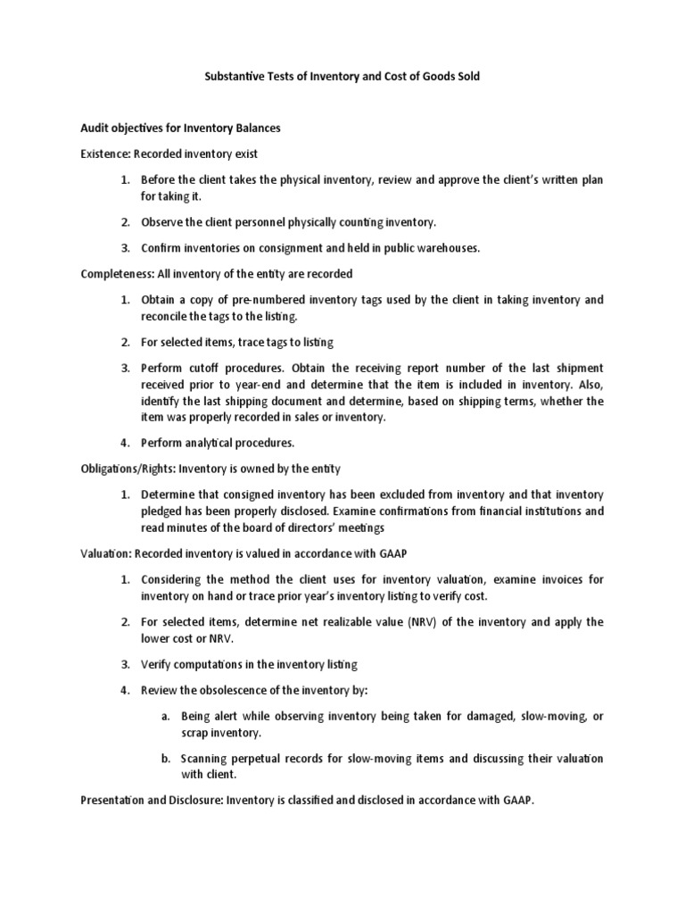 Substantive Tests Of Inventory And Cost Of Goods Sold Pdf Cost Of Goods Sold Inventory