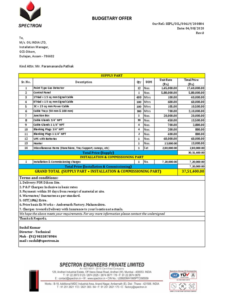 Budgetary Offer: Kind Attn: Mr. Paramananda Pathak | PDF | Business