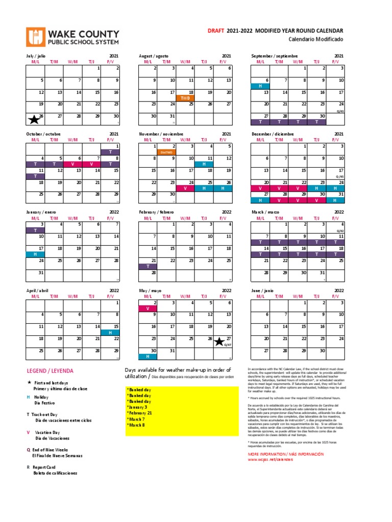 Draft 2021-22 WCPSS Modified Calendar | PDF | Holiday Or Vacation | Asia