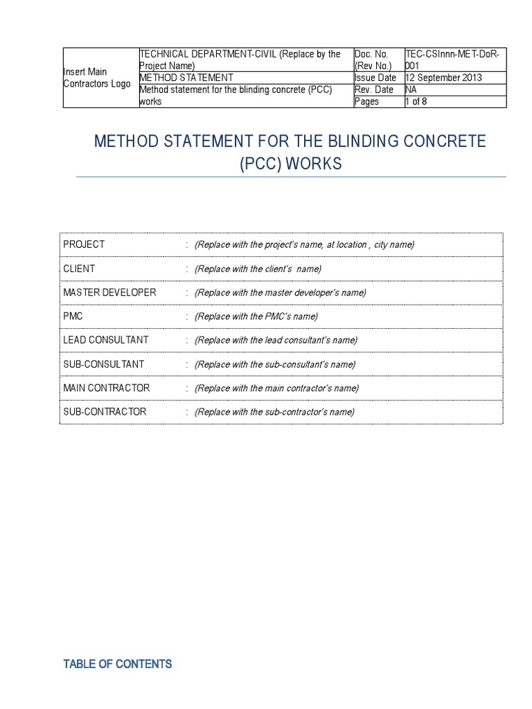 TEC-033000.1-MET-DoR-002 (Method Statement For The Blinding Concrete (PCC) Works) | PDF ...