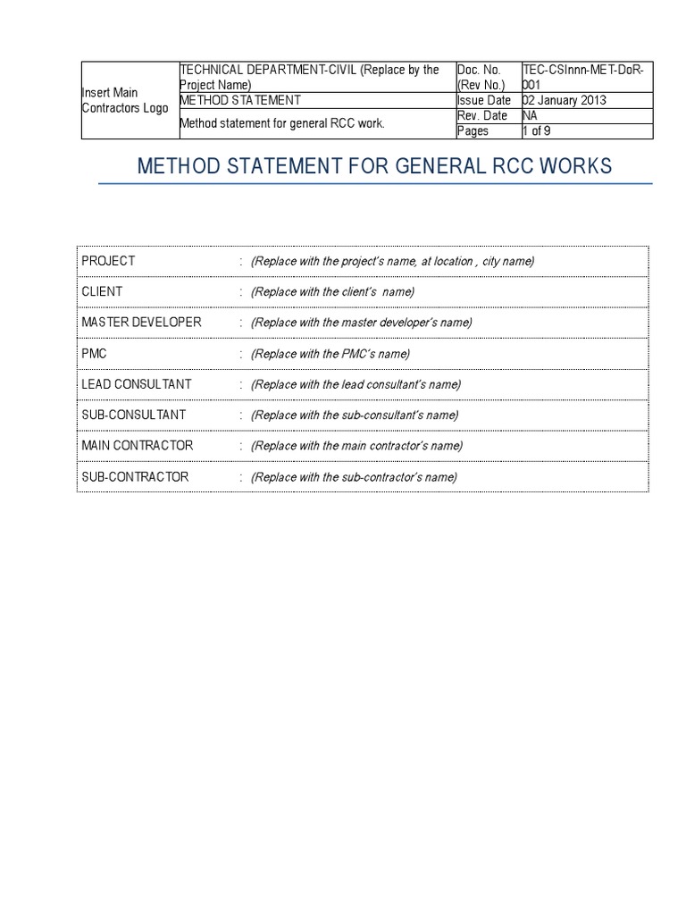 RCC Works Method Statement | PDF | Concrete | Crane (Machine)