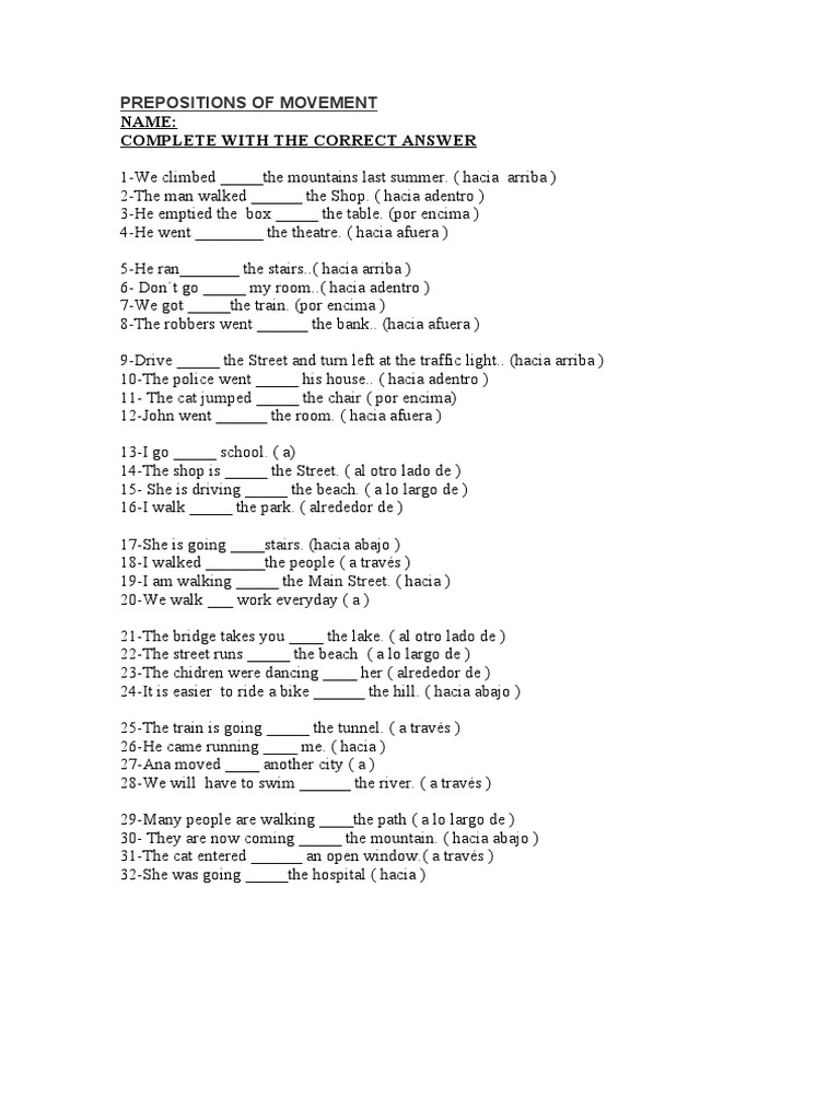 Prepositions of Movement Worksheet | PDF