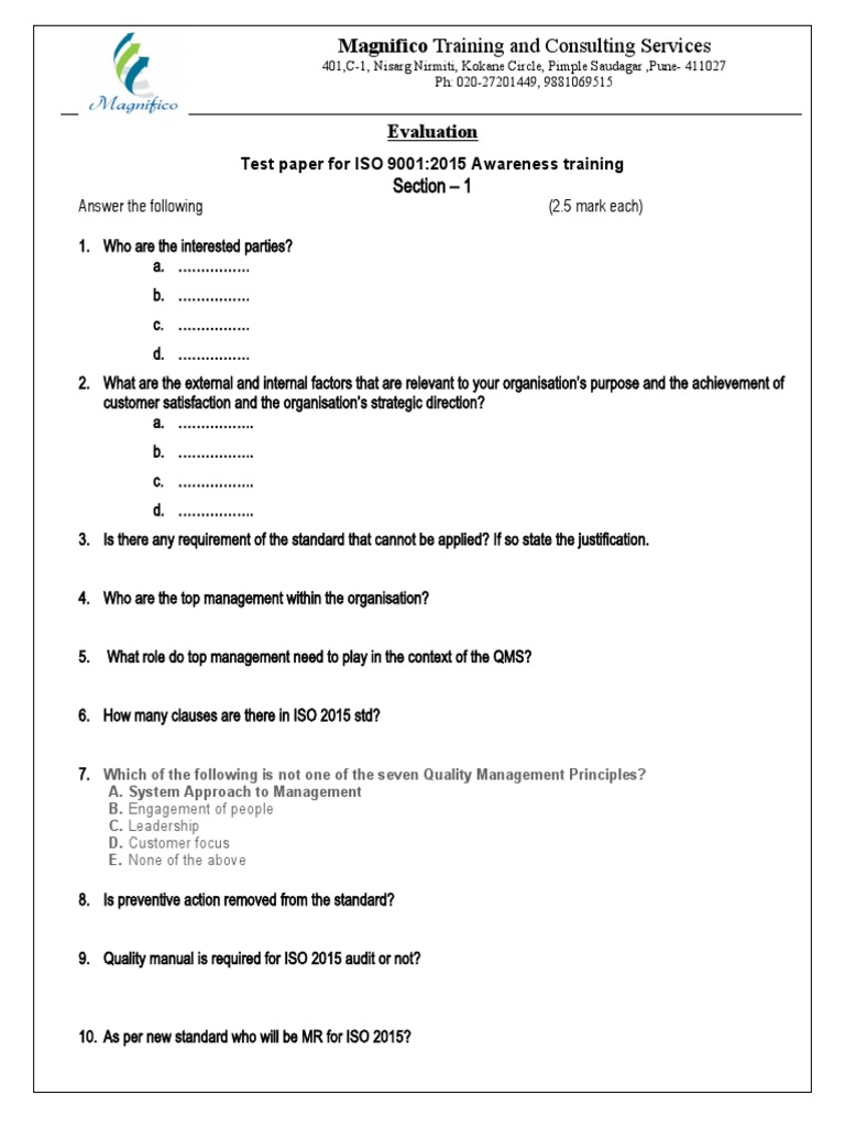 Magnifico ISO 9001 2015 Awareness TEST | PDF | Iso 9000 | Business Process