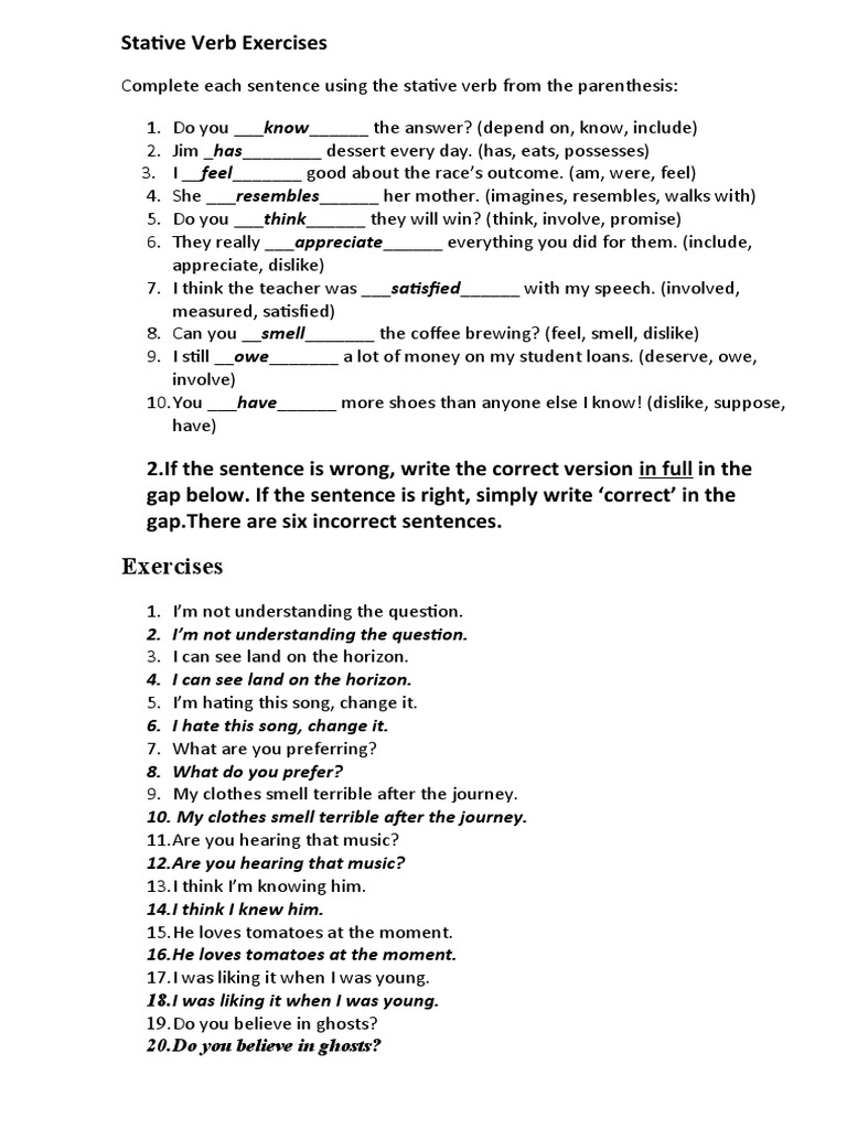 Stative Verb Exercises and Worksheets | PDF | Entertainment (General)