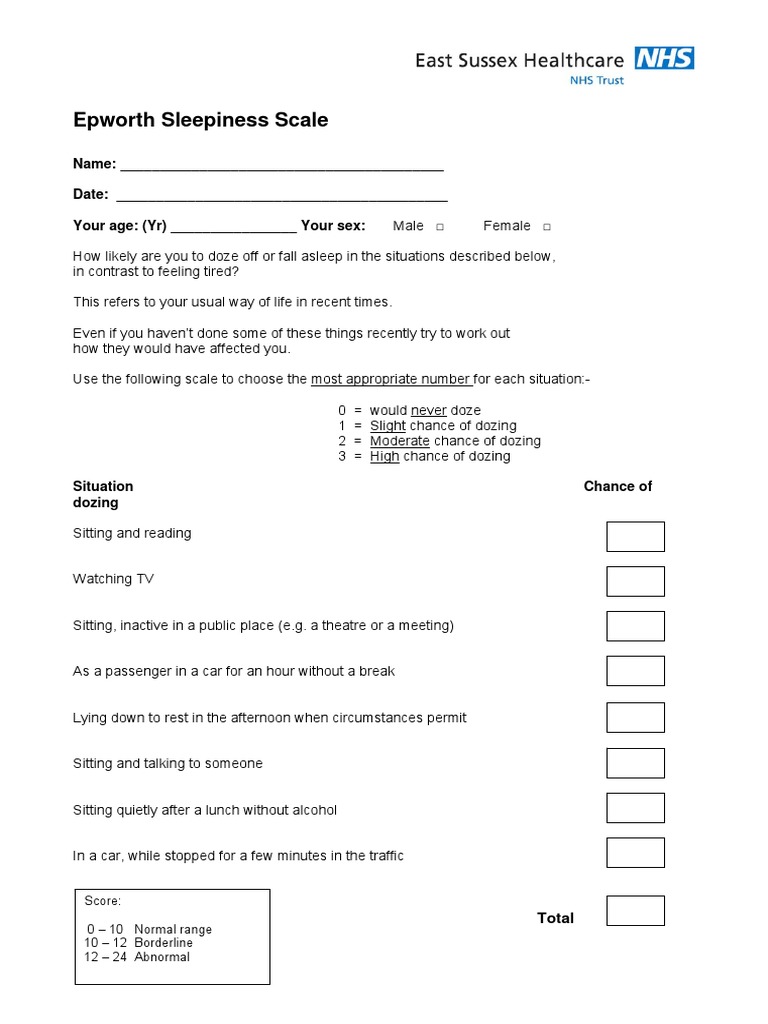 Epworth Sleepiness Scale: Name: Date: Your Age: (Yr) | PDF