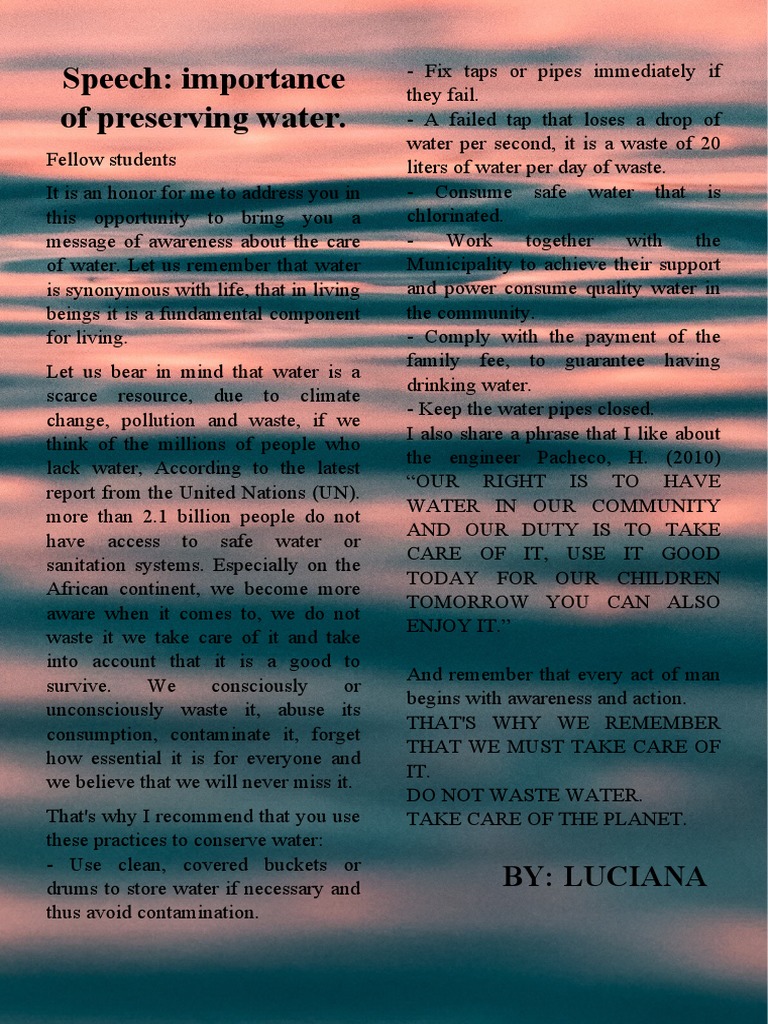 Speech: Importance of Preserving Water.: By: Luciana Rupay | PDF ...