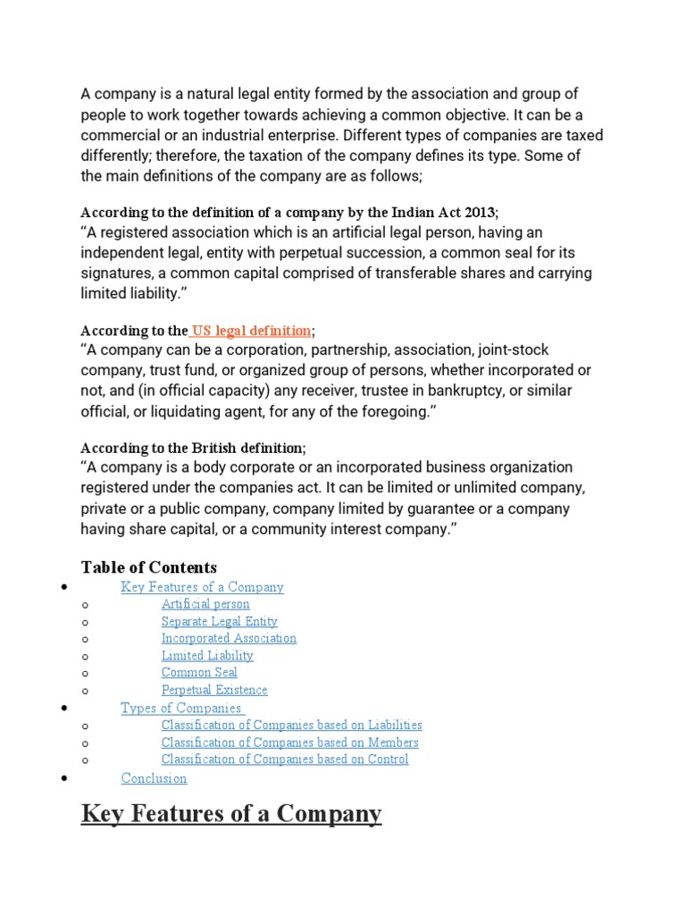 A Company Is A Natural Legal Entity Formed by The Association and Group ...