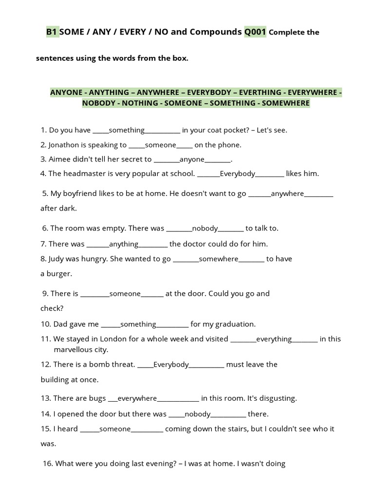 SOME, EVERY, ANY, NO With Compounds - PDF Grammar Worksheet - NO KEY | PDF