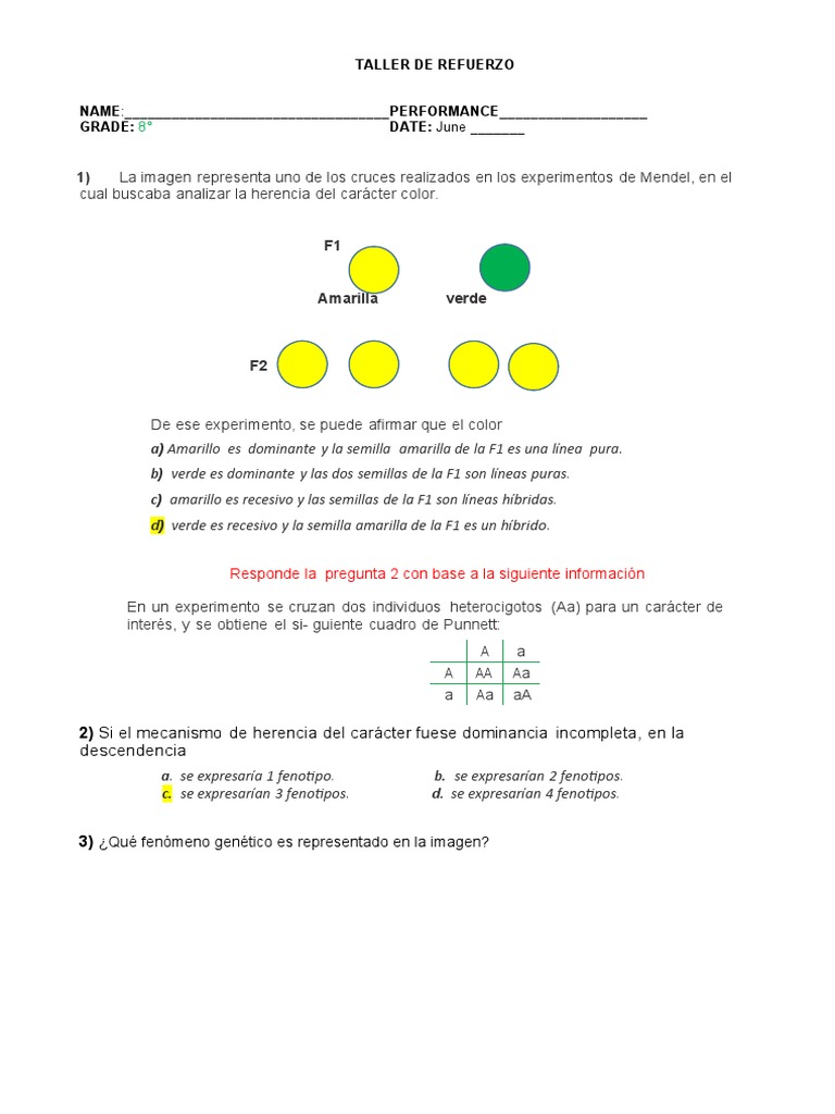 Taller sobre Dominancia Incompleta y Codominancia | PDF | Dominancia ...
