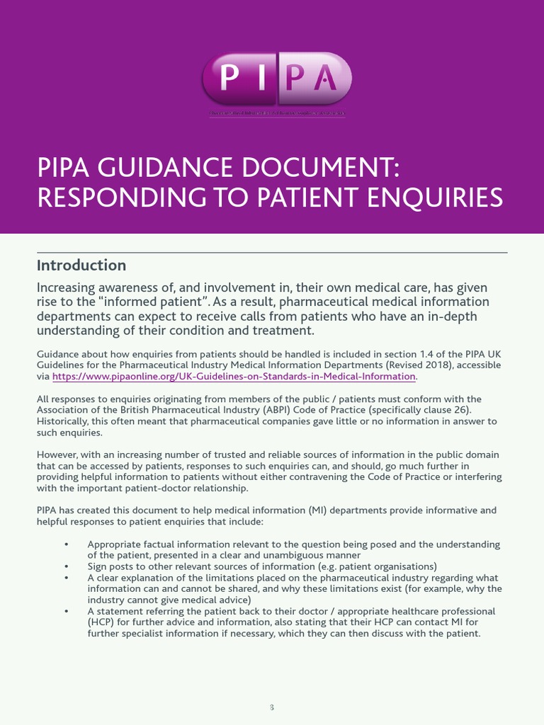 Pipa Guidance Document: Responding To Patient Enquiries | PDF | Adverse ...