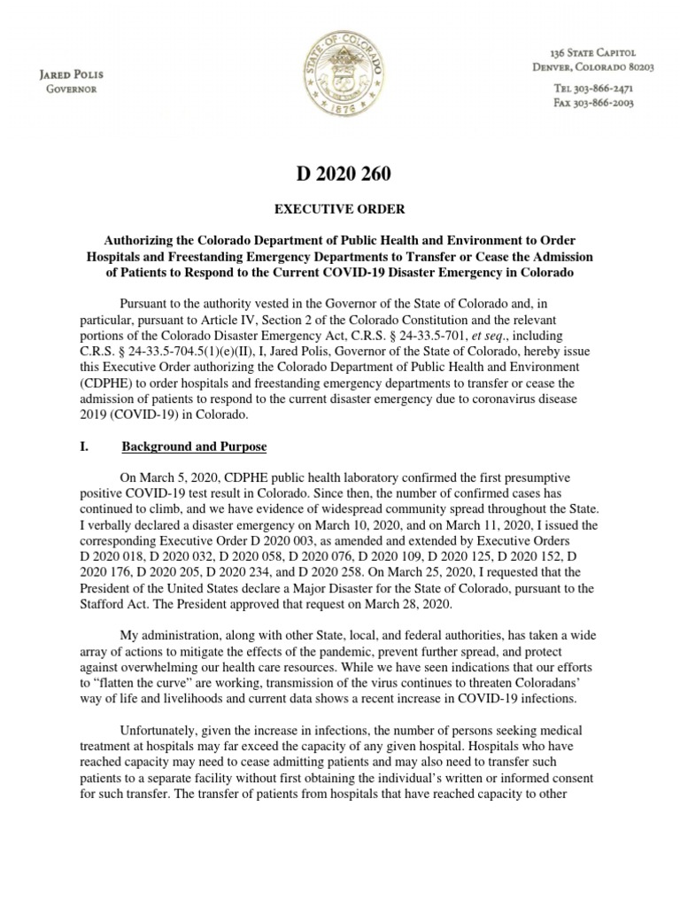 Governor Jared Polis Hospital Transfer Executive Order | PDF ...