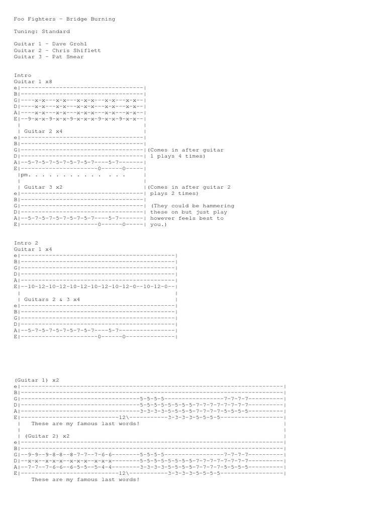 Foo Fighters Bridge Burning Tab | PDF | Song Structure | Necked Lutes