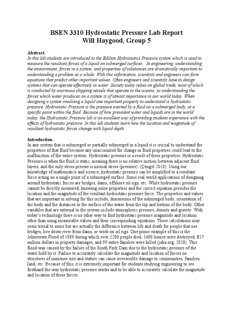 Bsen 3310 Hydrostatic Pressure Lab Report | PDF | Pressure | Force