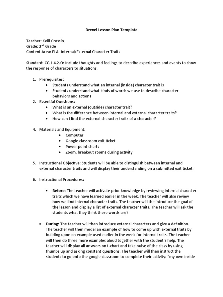 Internal External Character Traits Lesson Plan | PDF | Differentiated ...