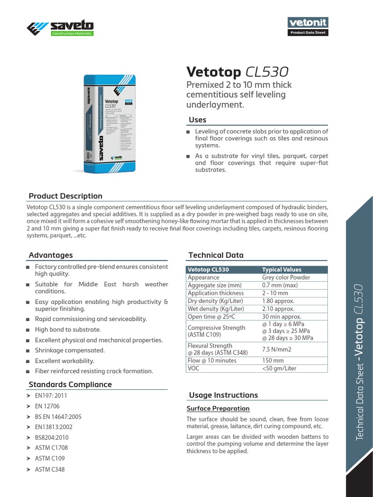 Vetotop CL530 Self-Leveling Underlayment | PDF | Flooring | Concrete