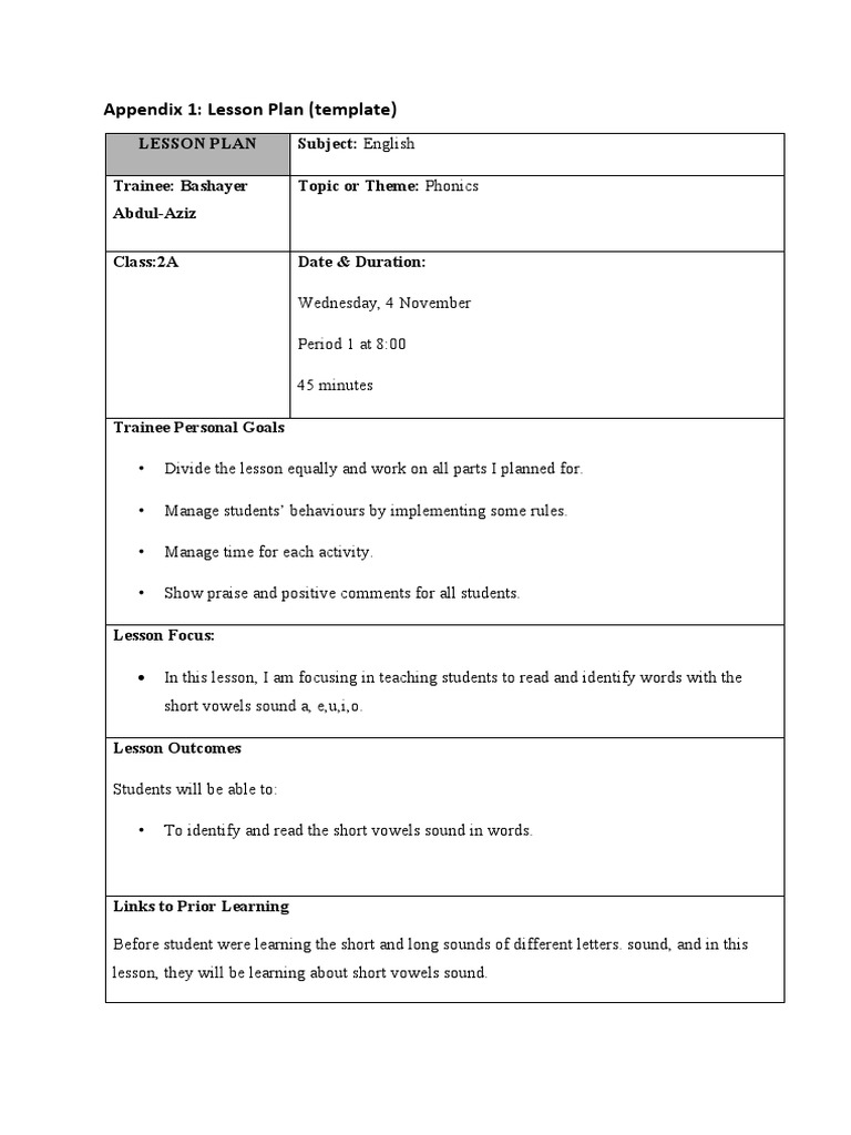 Short Vowels Lesson Plan | PDF | Phonics | Lesson Plan