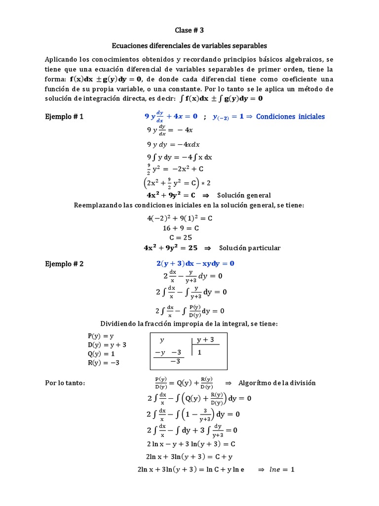 Variable Separables - Ejemplos PDF | PDF | Integral | Ecuaciones diferenciales