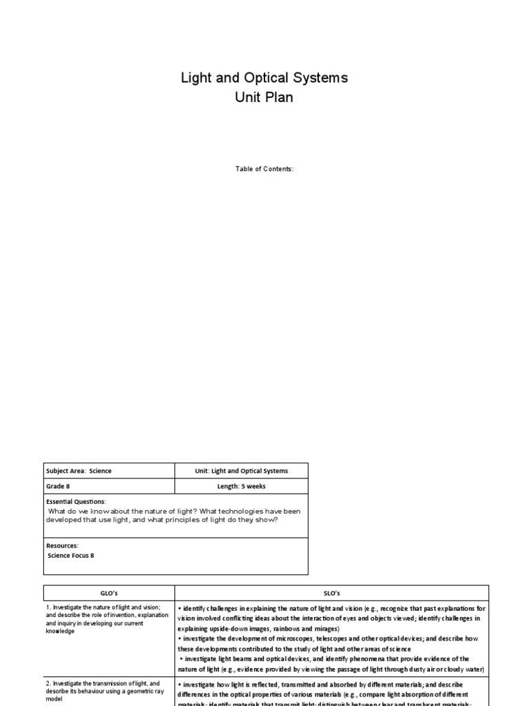 Light and Optics Unit Plan | PDF | Optics | Eye