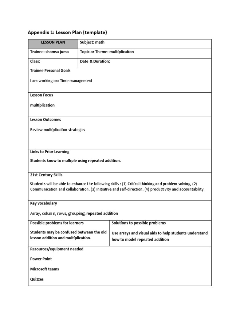 Appendix 1: Lesson Plan (Template) | PDF | Educational Assessment | Lesson Plan