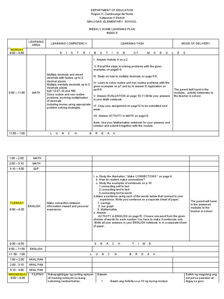 Malugas Elementary School Weekly Home Learning Plan Week 5 Learning Area Learning Competency ...