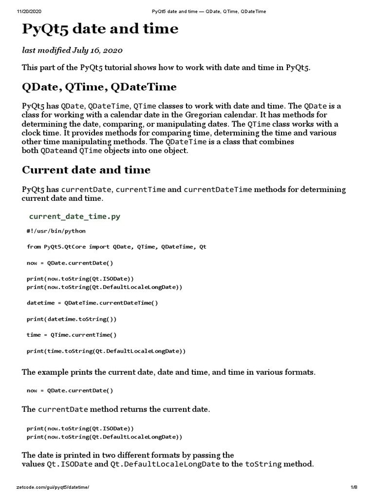 PyQt5 Date and Time - QDate, QTime, QDateTime PDF | PDF | Daylight Saving Time | Spacetime