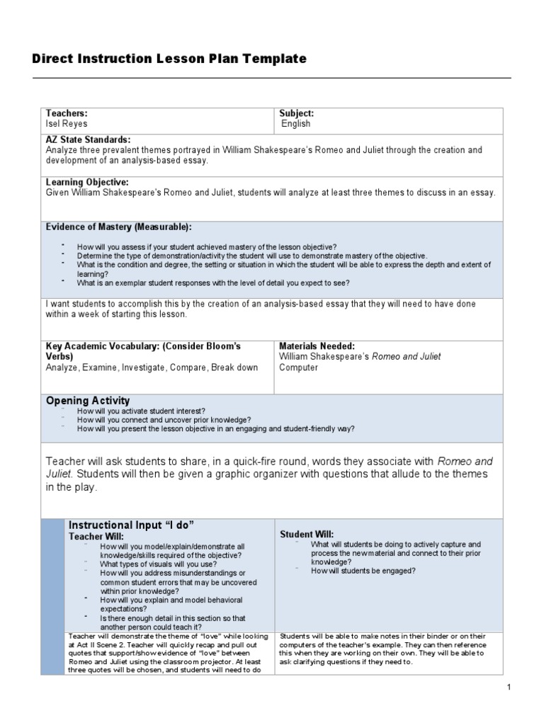 Romeo Juliet Direct Lesson Plan | PDF | Lesson Plan | Teachers