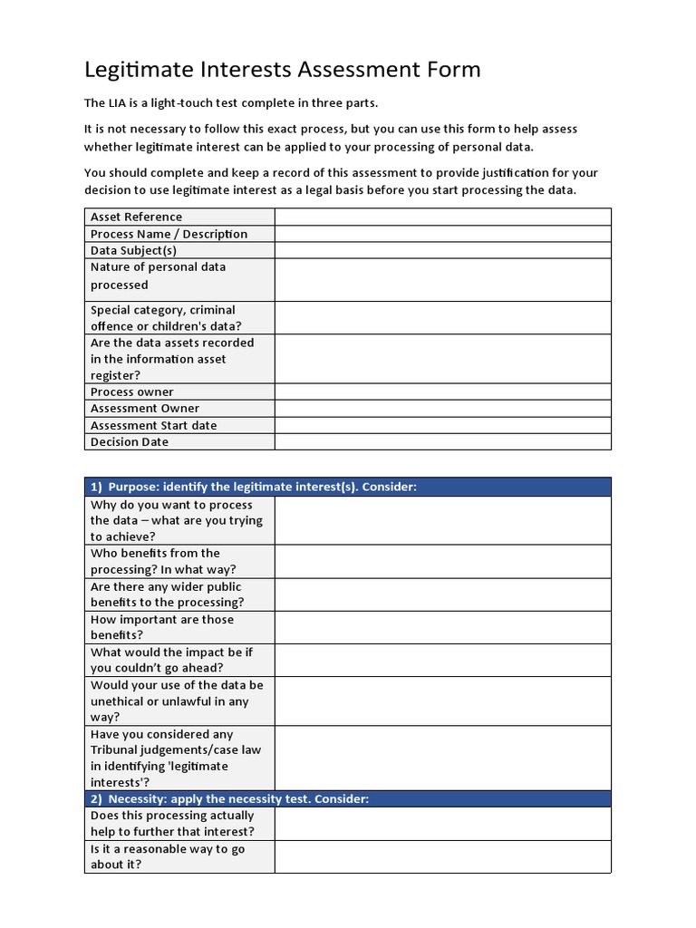 Legitimate Interests Assessment Form: 1) Purpose: Identify The ...
