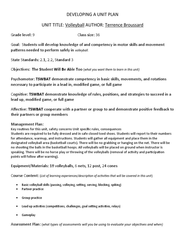 Volleyball Unit Plan for PE Class | PDF | Volleyball | Competence ...