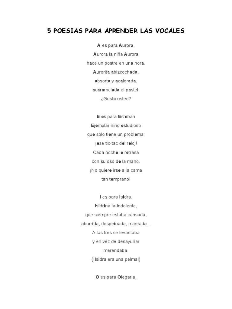 Poesia para Aprender Las Vocales | PDF